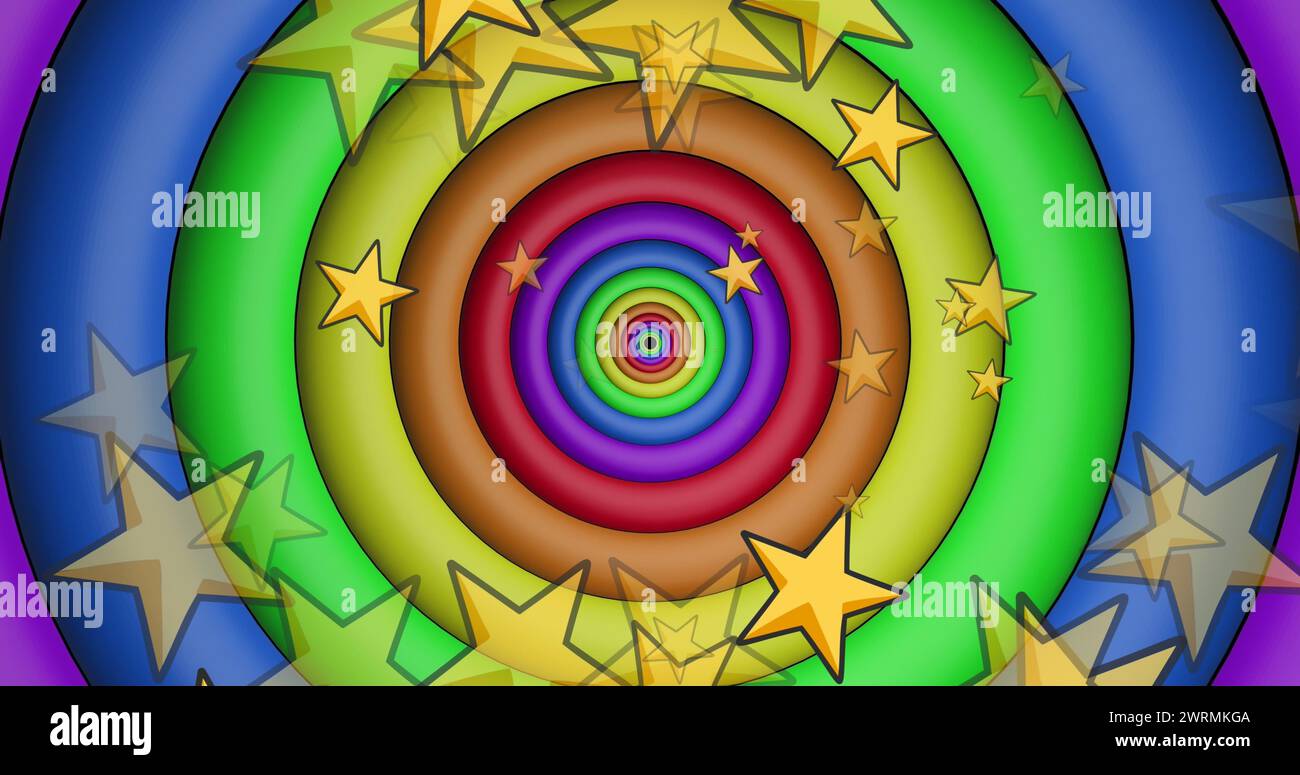 Image of yellow stars over rainbow circles and colours moving on ...