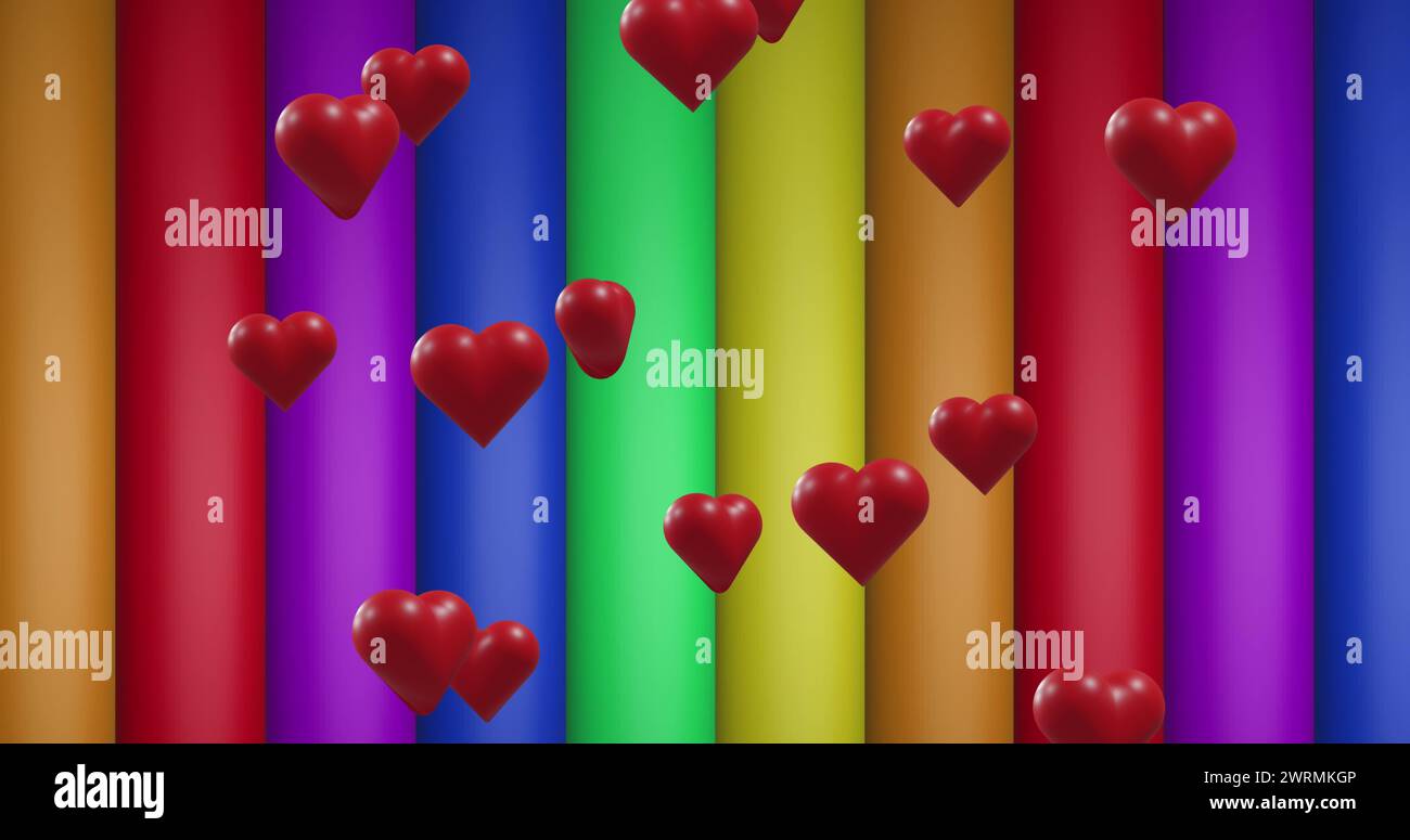 Image of red hearts over rainbow stripes and colours moving on seamless ...
