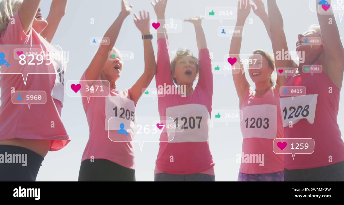 Image of social media notifications, over female runners making hand ...