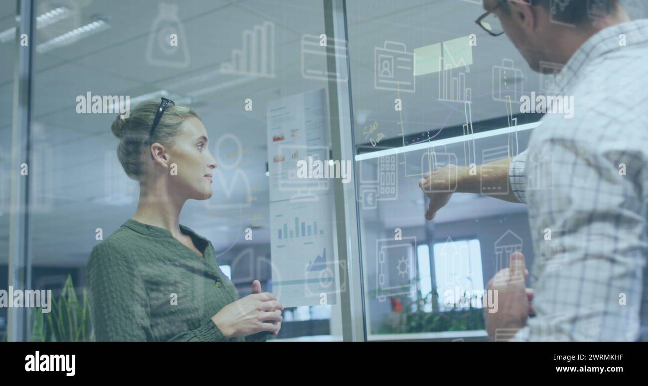 Image of icons and financial data processing over diverse business ...