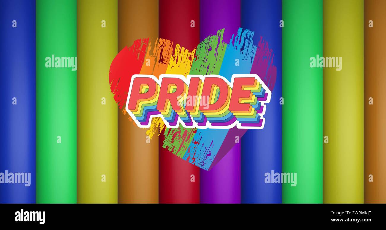 Image of pride text and rainbow heart over rainbow stripes and colours ...