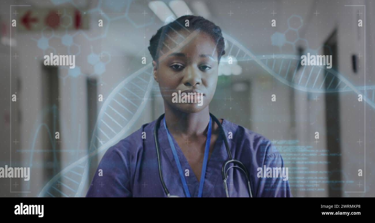 Image of dna strand and data over portrait of african american female ...