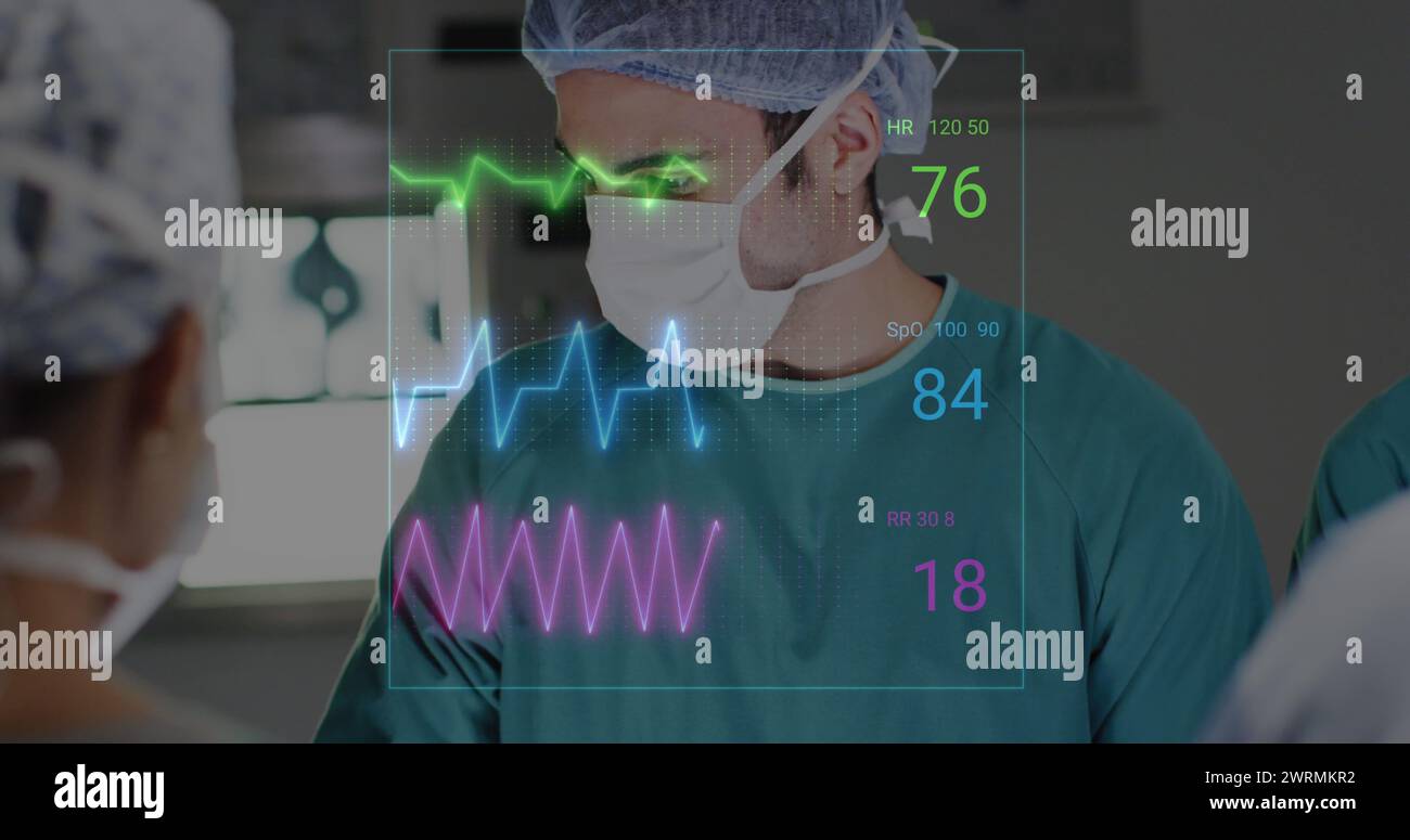 Image of vital signs readings over biracial male surgeon at work in ...