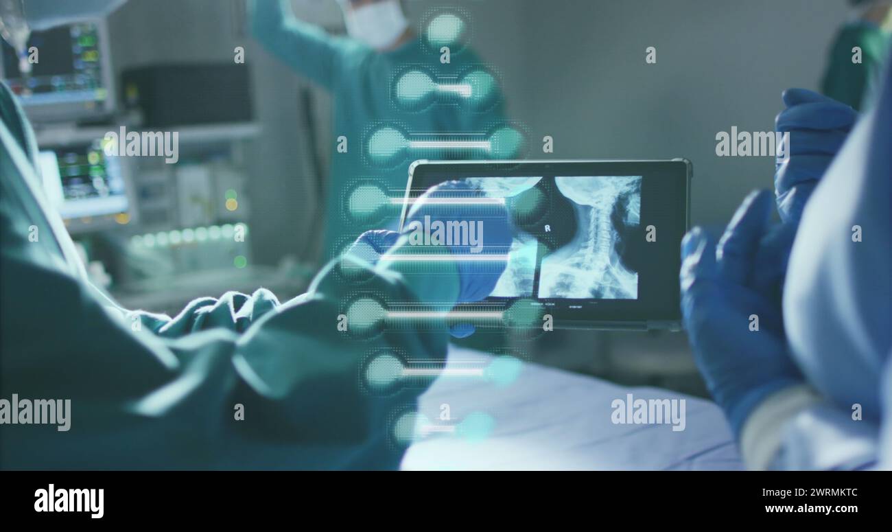 Image of dna strand over portrait of smiling diverse doctors working in ...