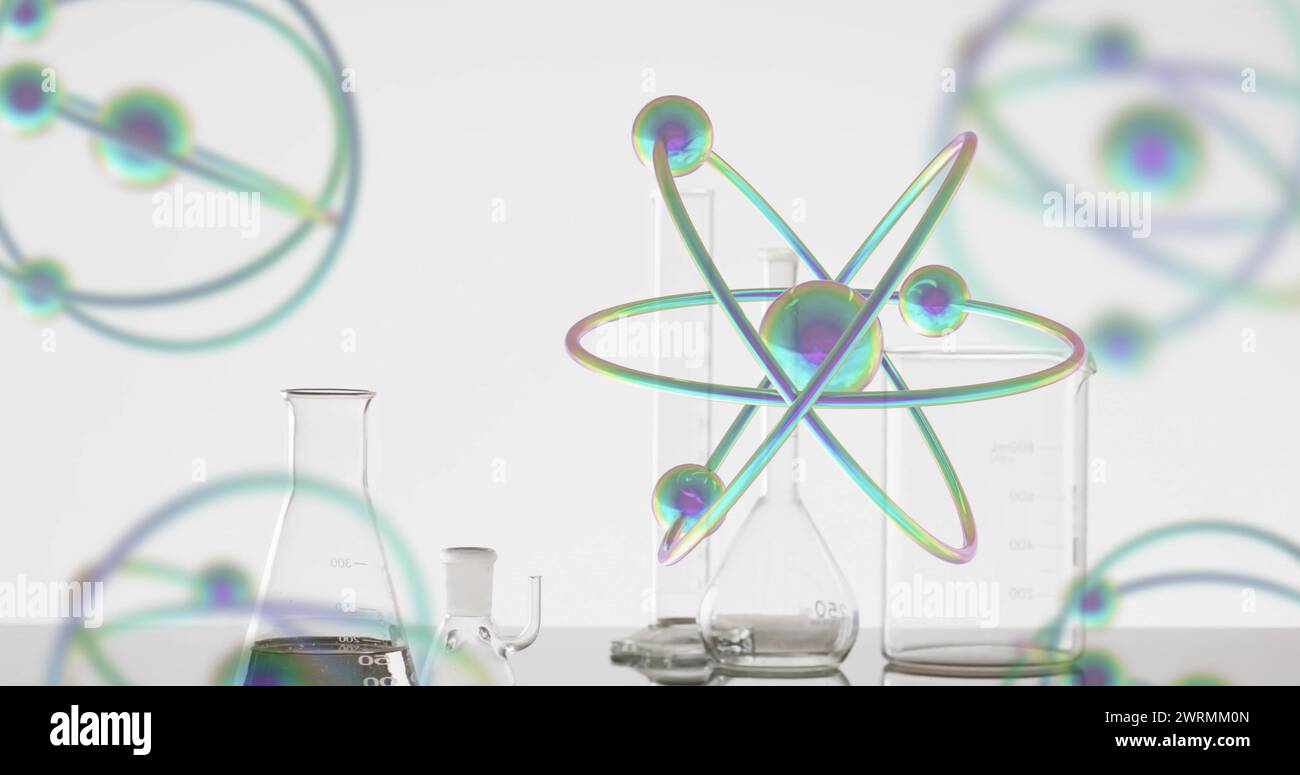 Image of atoms moving over laboratory dishes on white background Stock ...