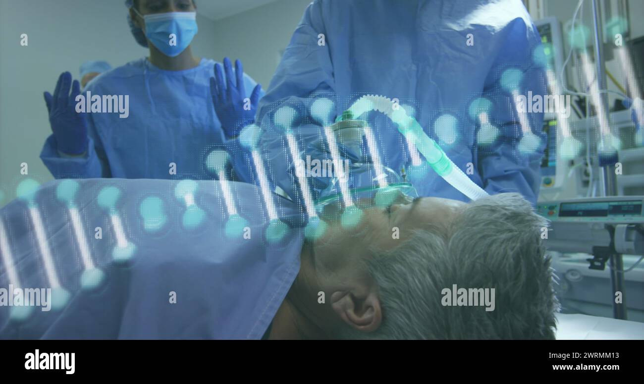 Image of dna over caucasian doctors and senior patient before operation ...