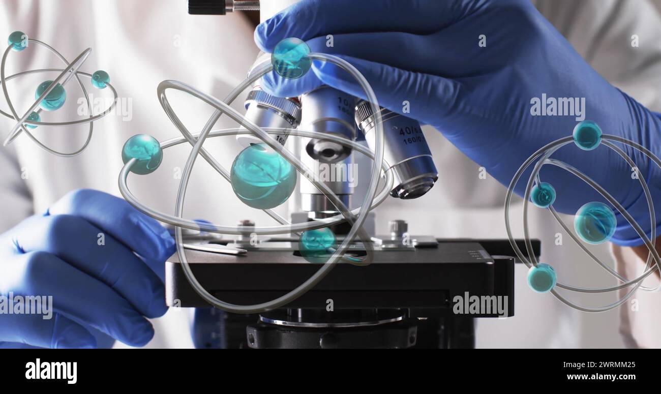 Image of molecules chemical structures over scientist using laboratory microscope Stock Photo ...