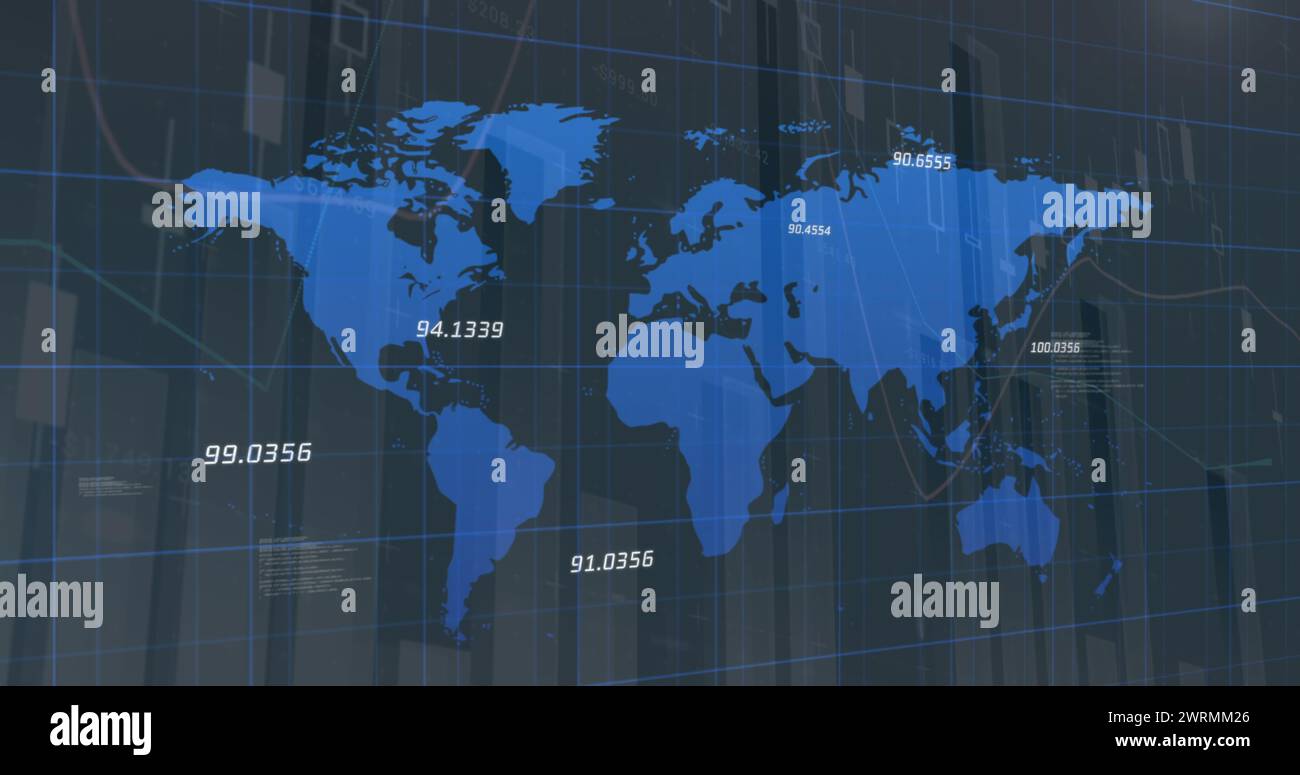 Image of statistics and numbers, financial data processing over world ...