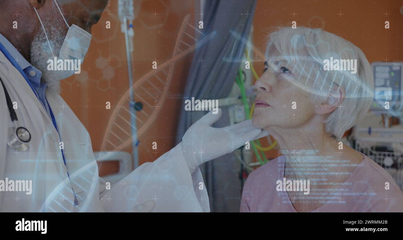 Image of dna strand and data over diverse male doctor examining senior ...