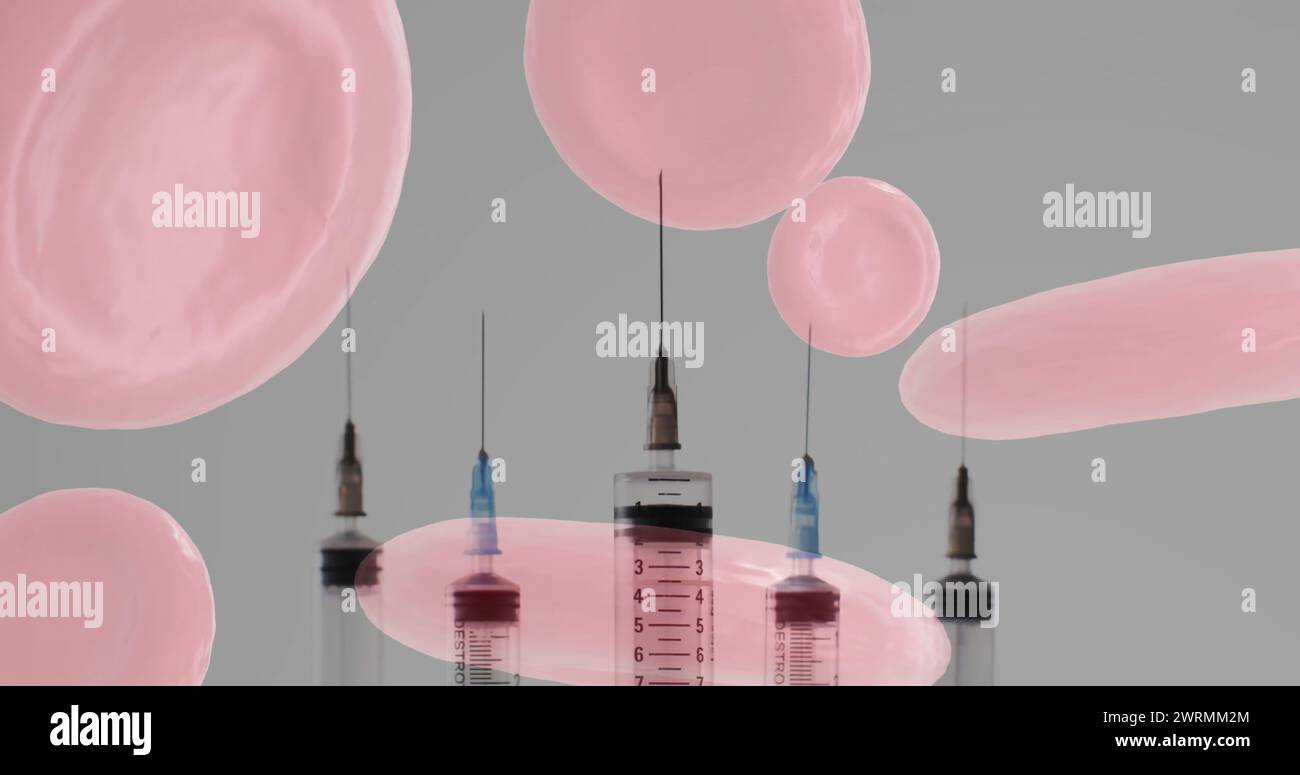 Image of red blood cells and syringes on grey background Stock Photo ...