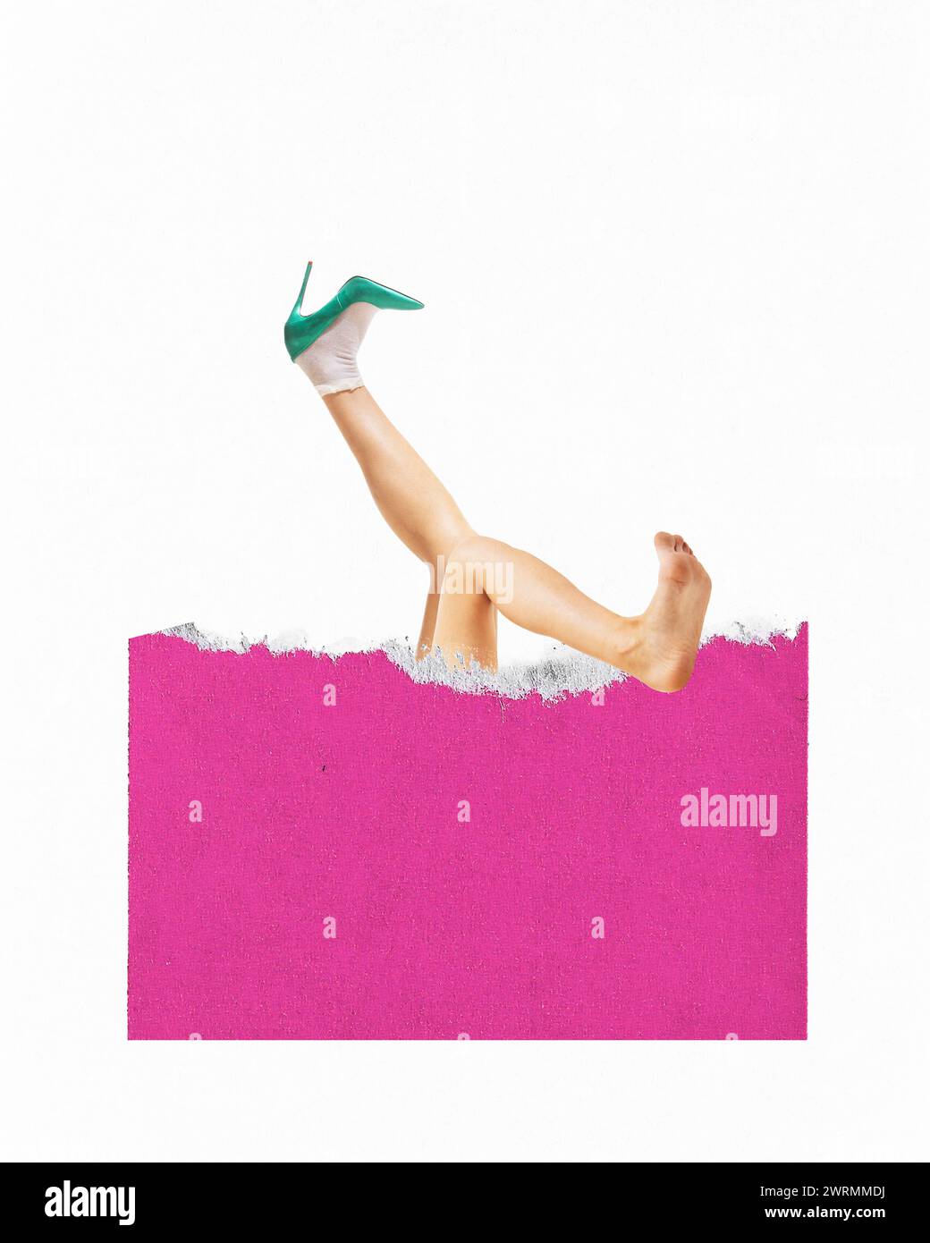 Contemporary art collage. Woman's legs in high heel, playfully emerging ...