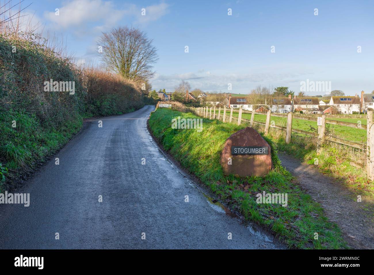 A Stogumber sign at the entrance to Stogumber village, Somerset ...