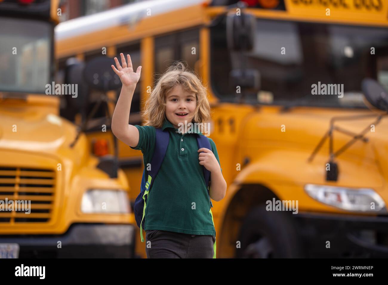 Child go to school. Schoolboy getting on school bus. American School ...