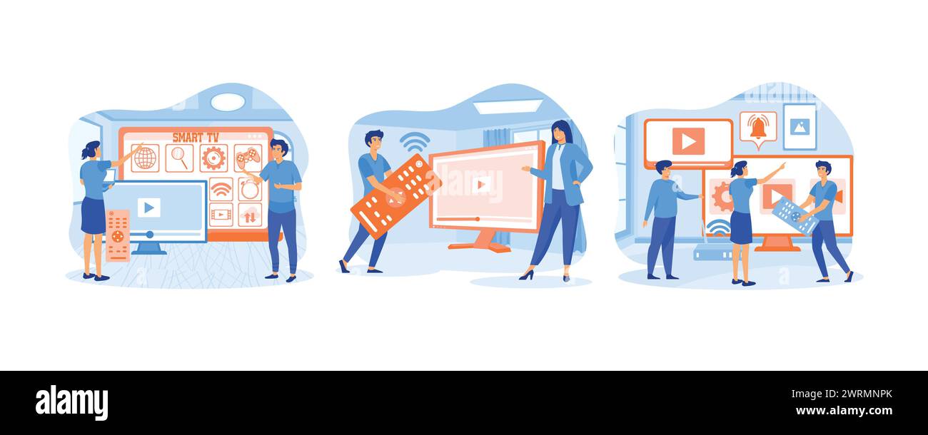 Smart TV menu on laptop. People watch videos with remote controls and ...