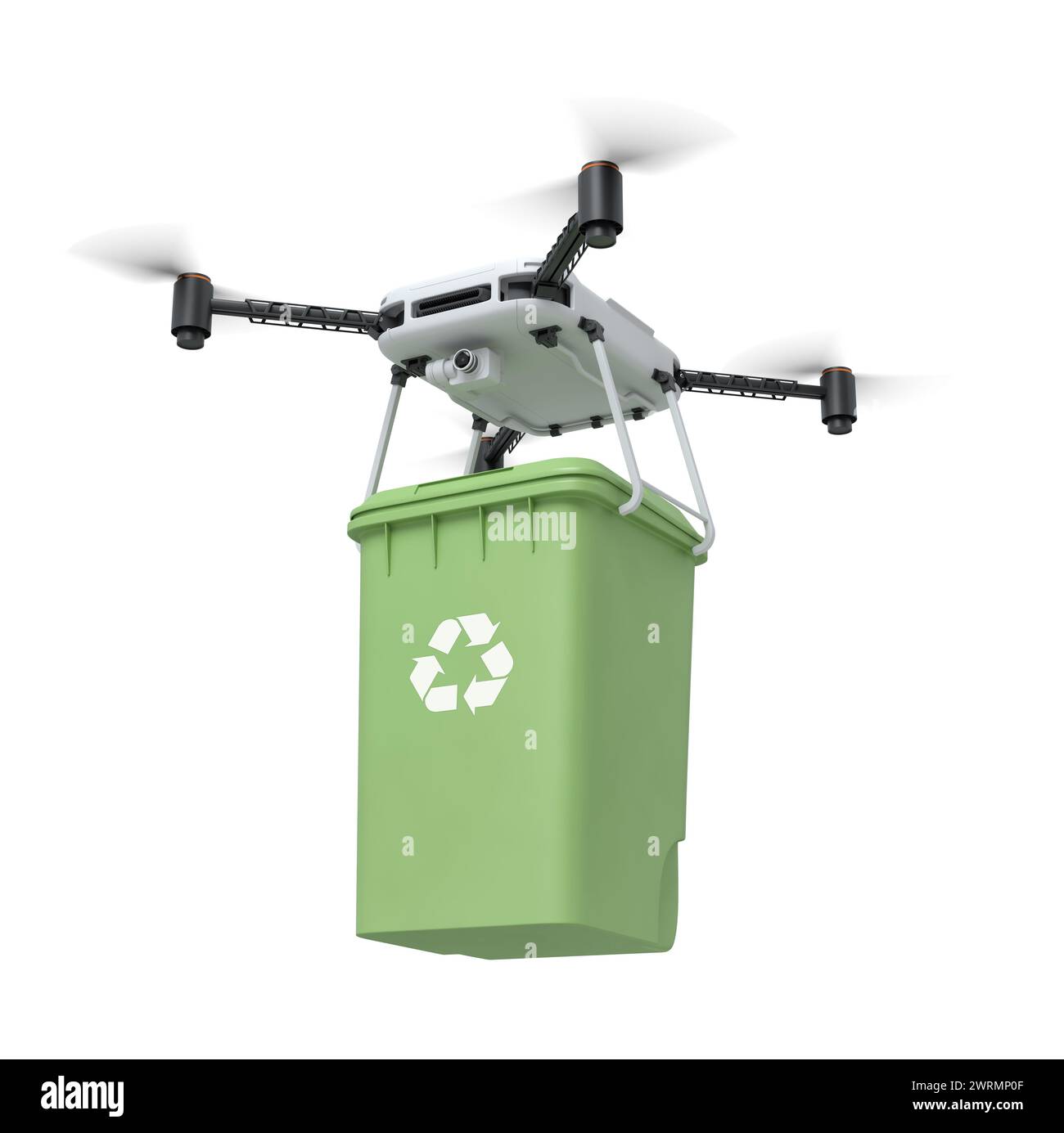 3d rendering of camera drone carrying light green trash bin with ...