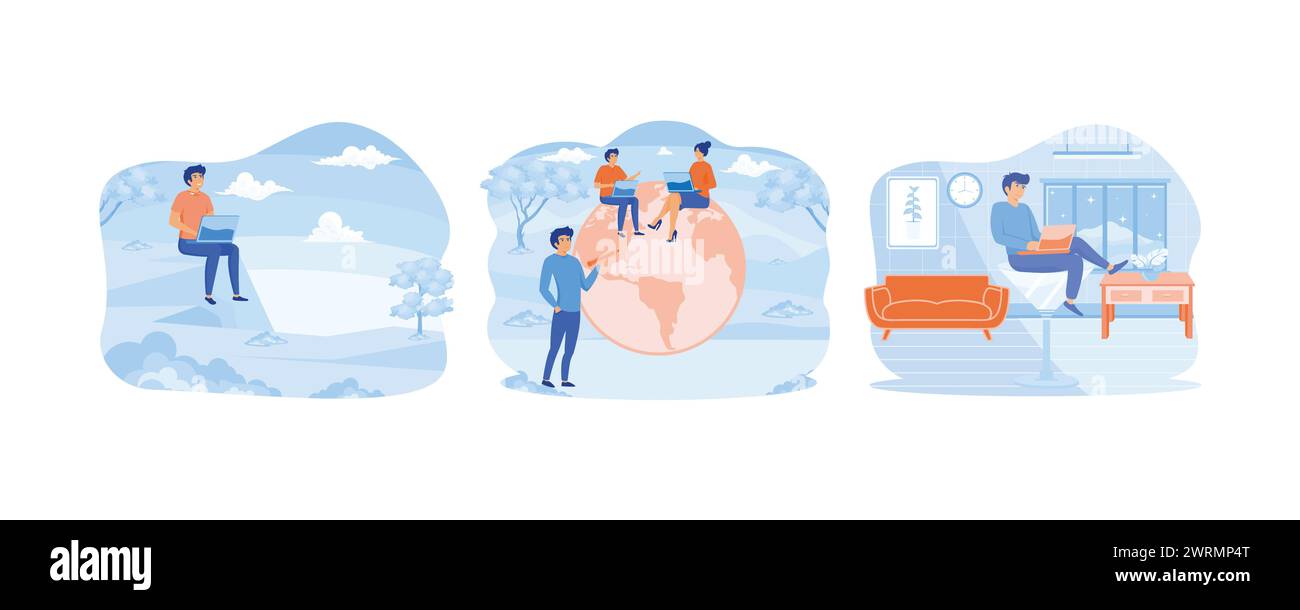 work from anywhere. Business people sitting around world map on globe ...