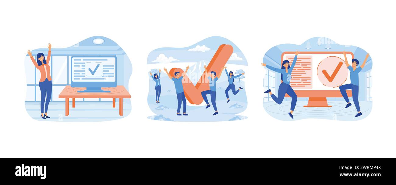 Done job concept. Finished project. Happy man and woman with check mark ...