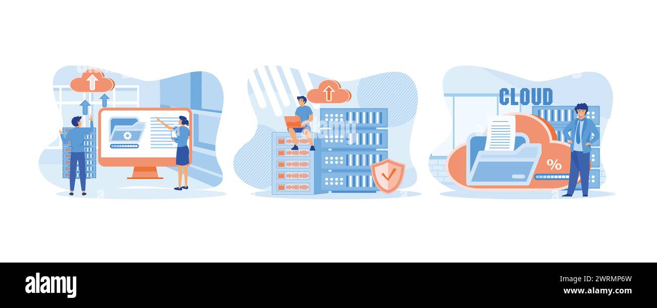 Cloud computing. Man sitting on rack analyzing file management on laptop. Man standing near ...