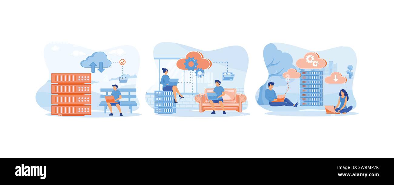Digital Hosted Storage Cloud Computing Cloud Data Server Set Flat Vector Modern Illustration