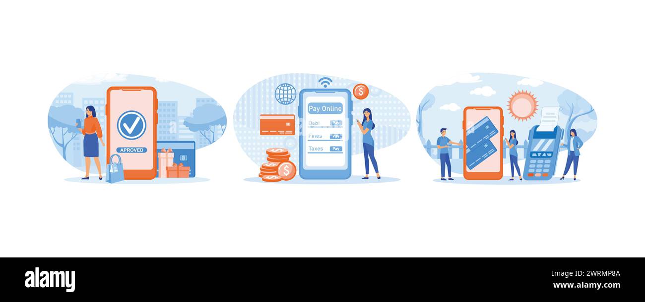 Woman pays successfully and safely. Online payment. People paying taxes ...