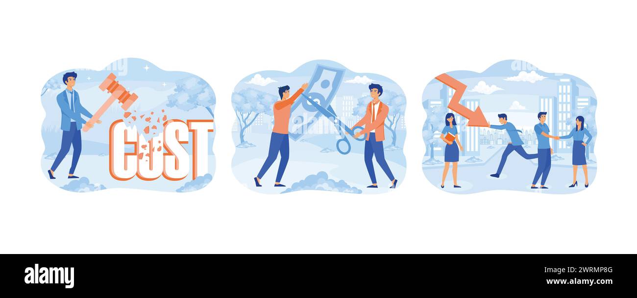 Cost reduction. Cutting budget finance concept with scissors. Young ...