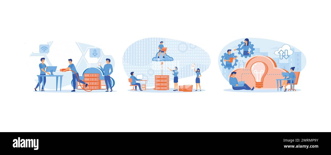 Cloud Computing. Business technology storage. Wireless computing service. set flat vector modern ...