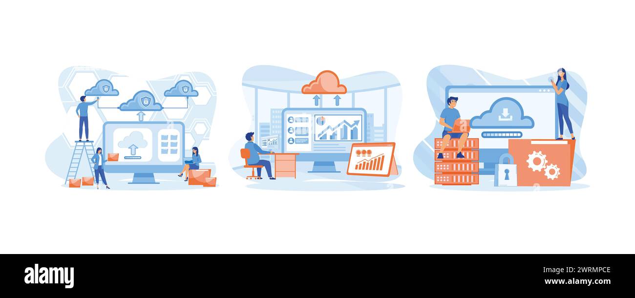 Cloud computing. Developer team working on dashboard monitor. Cloud technology. set flat vector ...