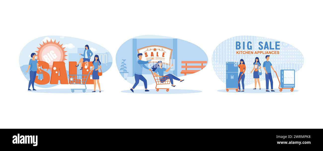 Big sale concept. Man push shopping cart with woman. Big Sale of ...