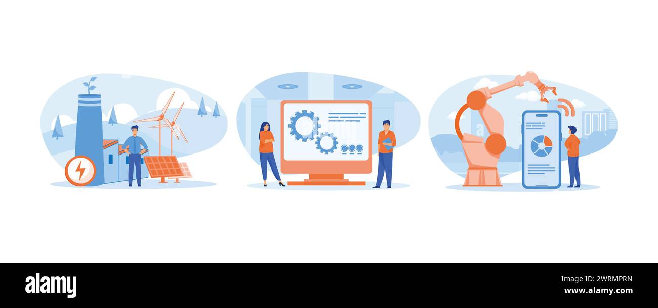 Smart industry concept. People wearing virtual reality headsets ...