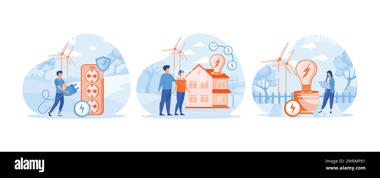 Energy consumption. Man and woman reduce energy consumption at home ...