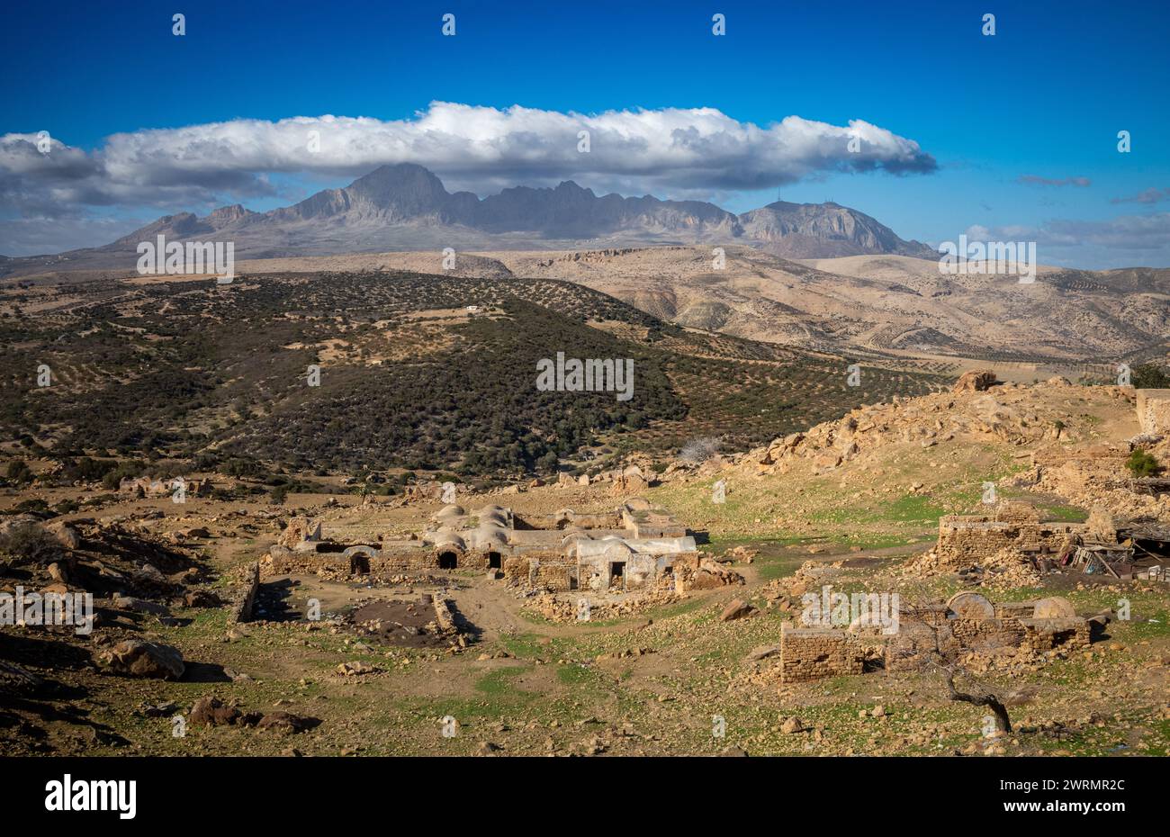 Abandoned buildings above oil groves in the ruined hilltop Berber ...