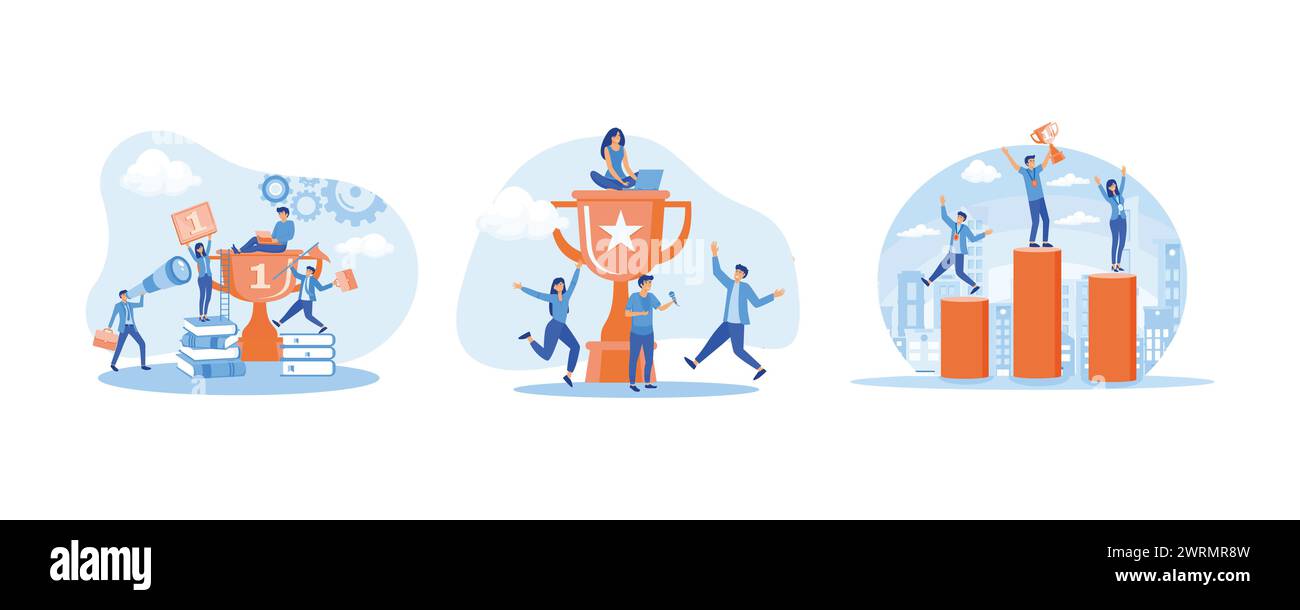 Success team concept. People near the trophy celebrating achieving ...