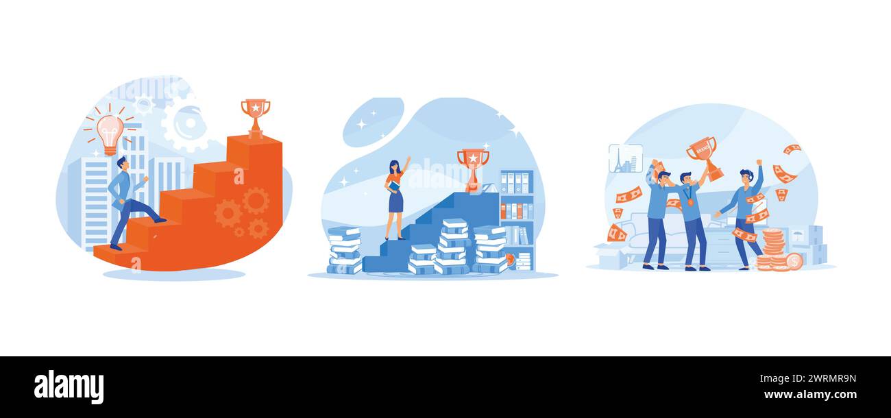 Business Idea. Business Woman climbing ladder to golden trophy. Success ...