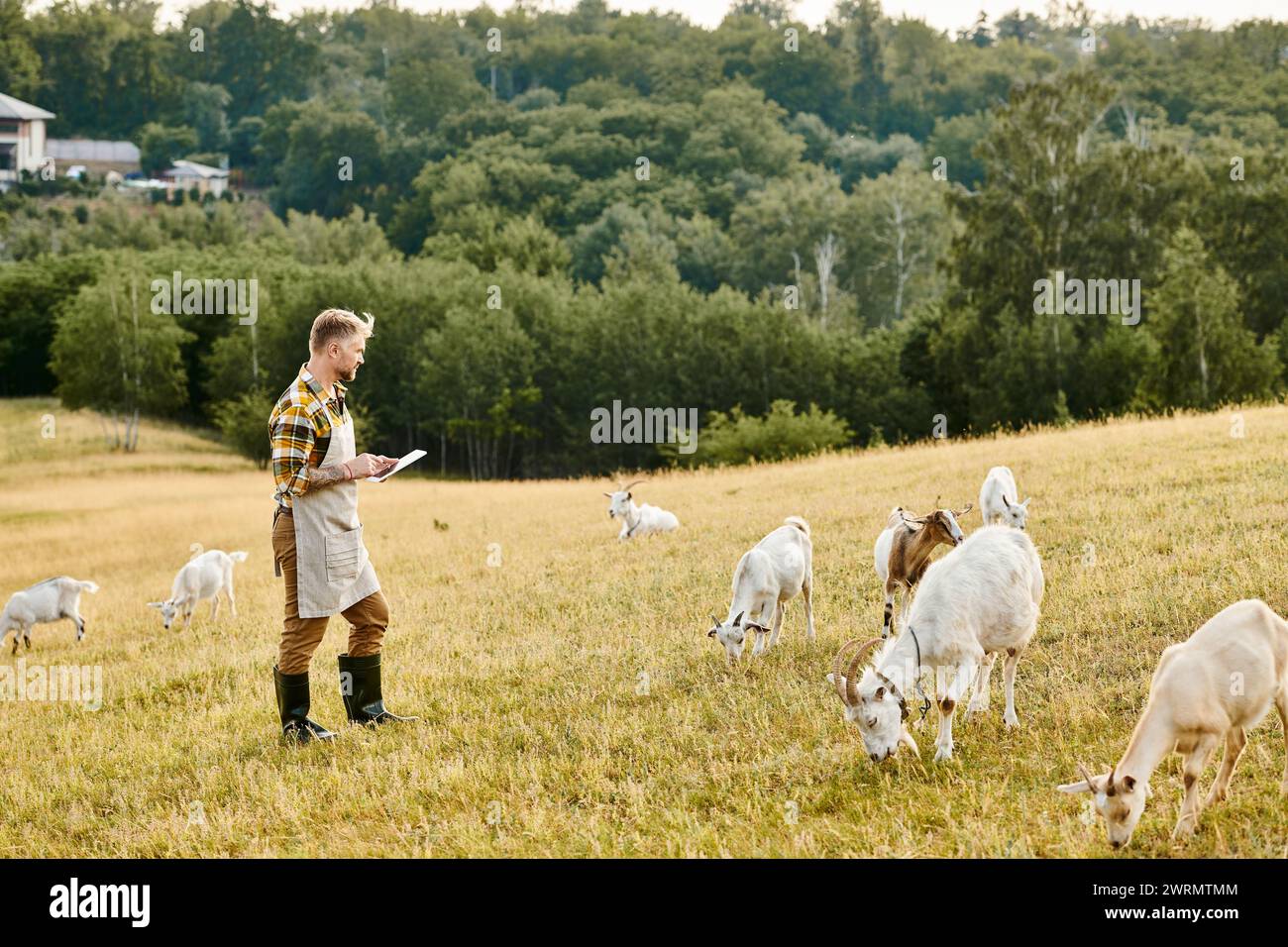 good looking modern farmer with beard and tattoos using clipboard to ...
