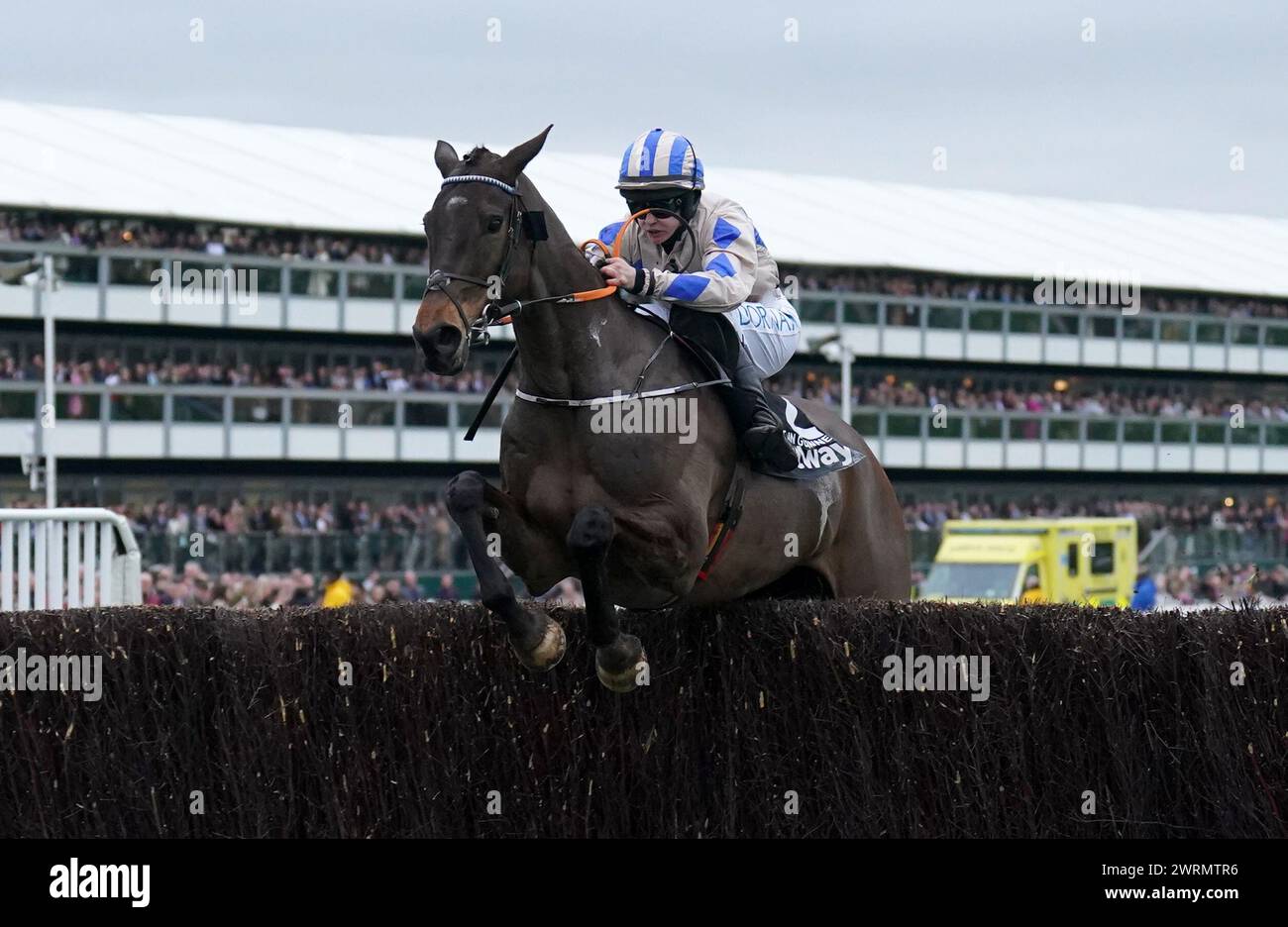 Captain Guinness ridden by Rachael Blackmore jumps the last on the way ...