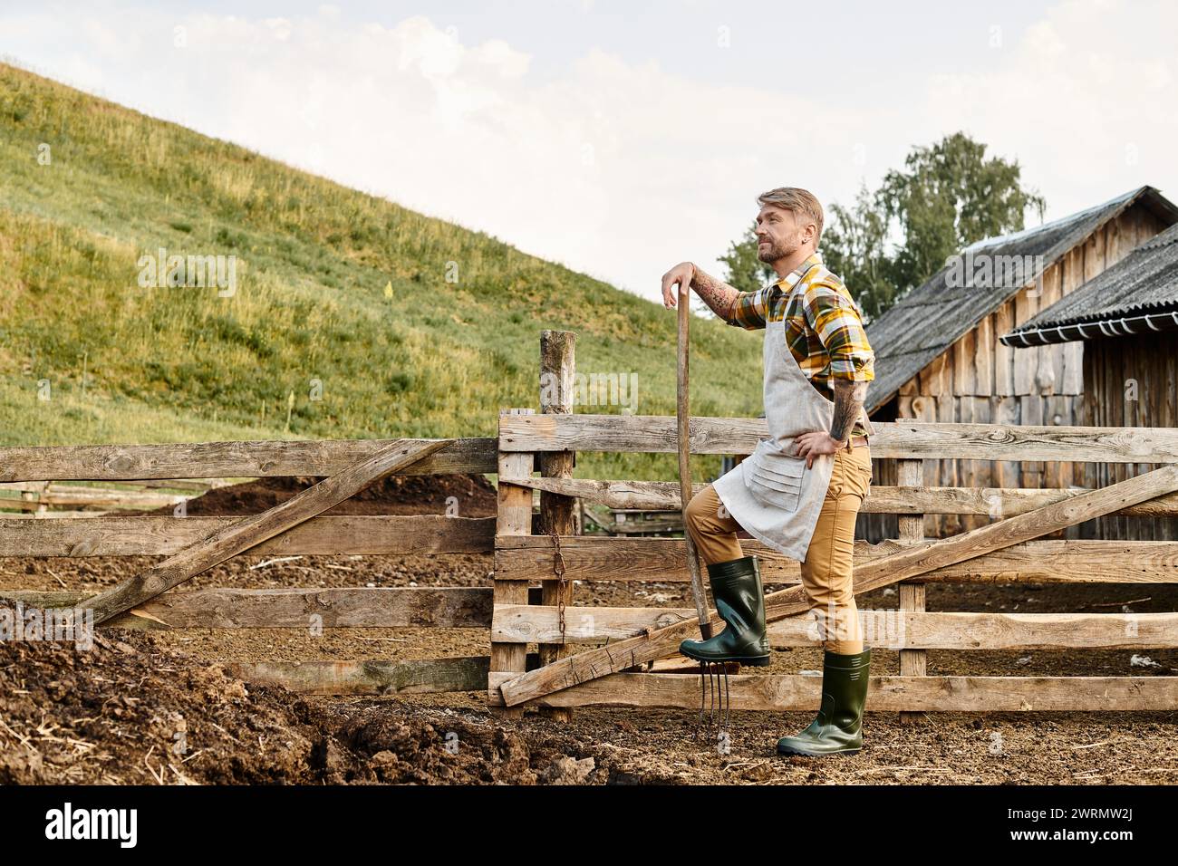 hard working attractive farmer with beard and tattoos using pitchfork ...