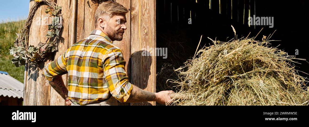 good looking farmer in casual attire using pitchfork while working with ...