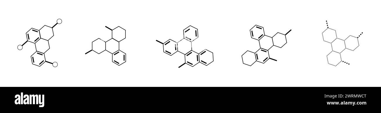 Molecules and structural compounds on a white background. A set of five ...