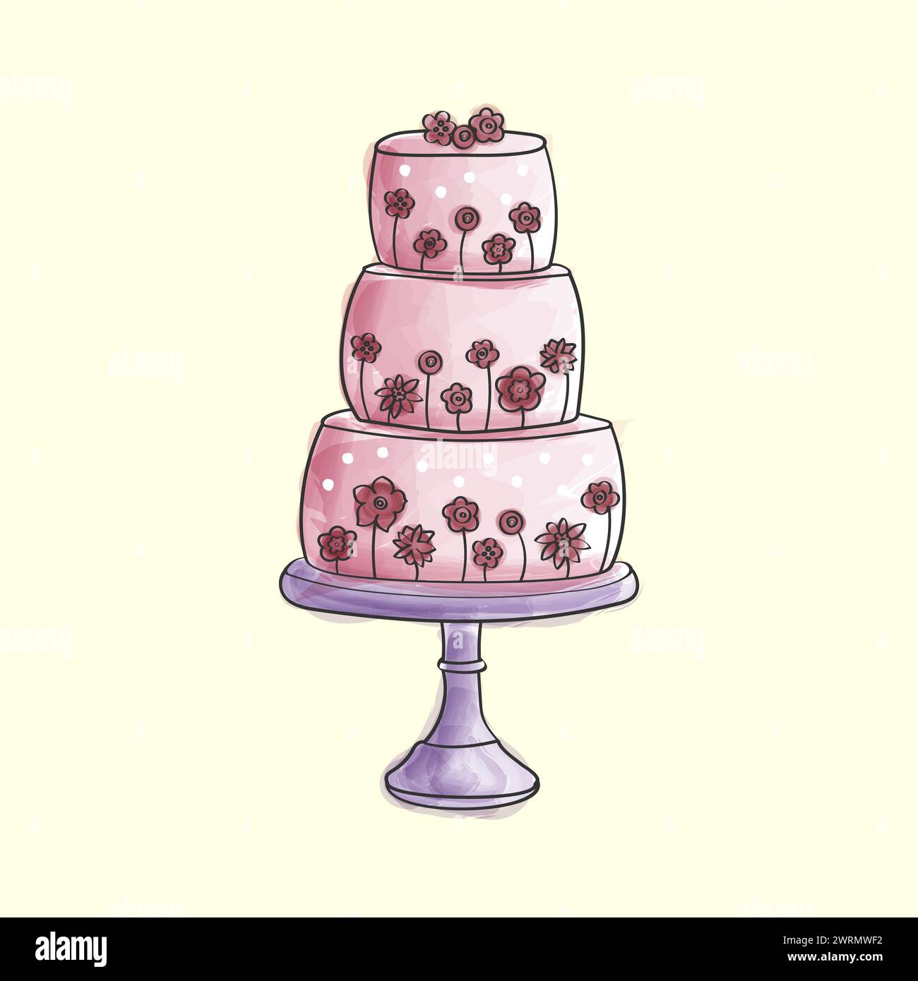 A hand-painted watercolor drawing of a three-tiered cake adorned with ...