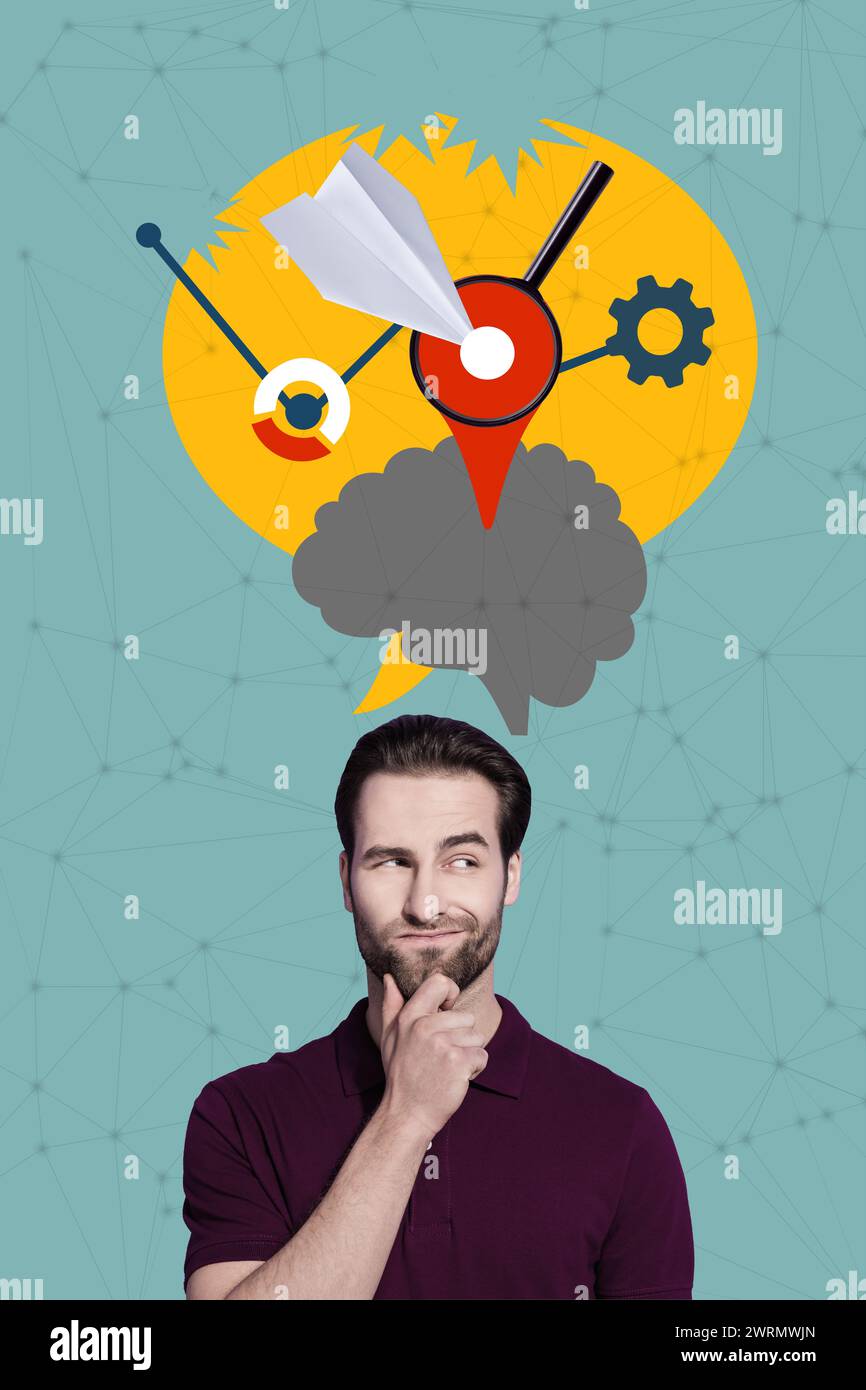 Composite trend artwork sketch 3D photo collage of young uncertain smart handsome man mind cloud ...