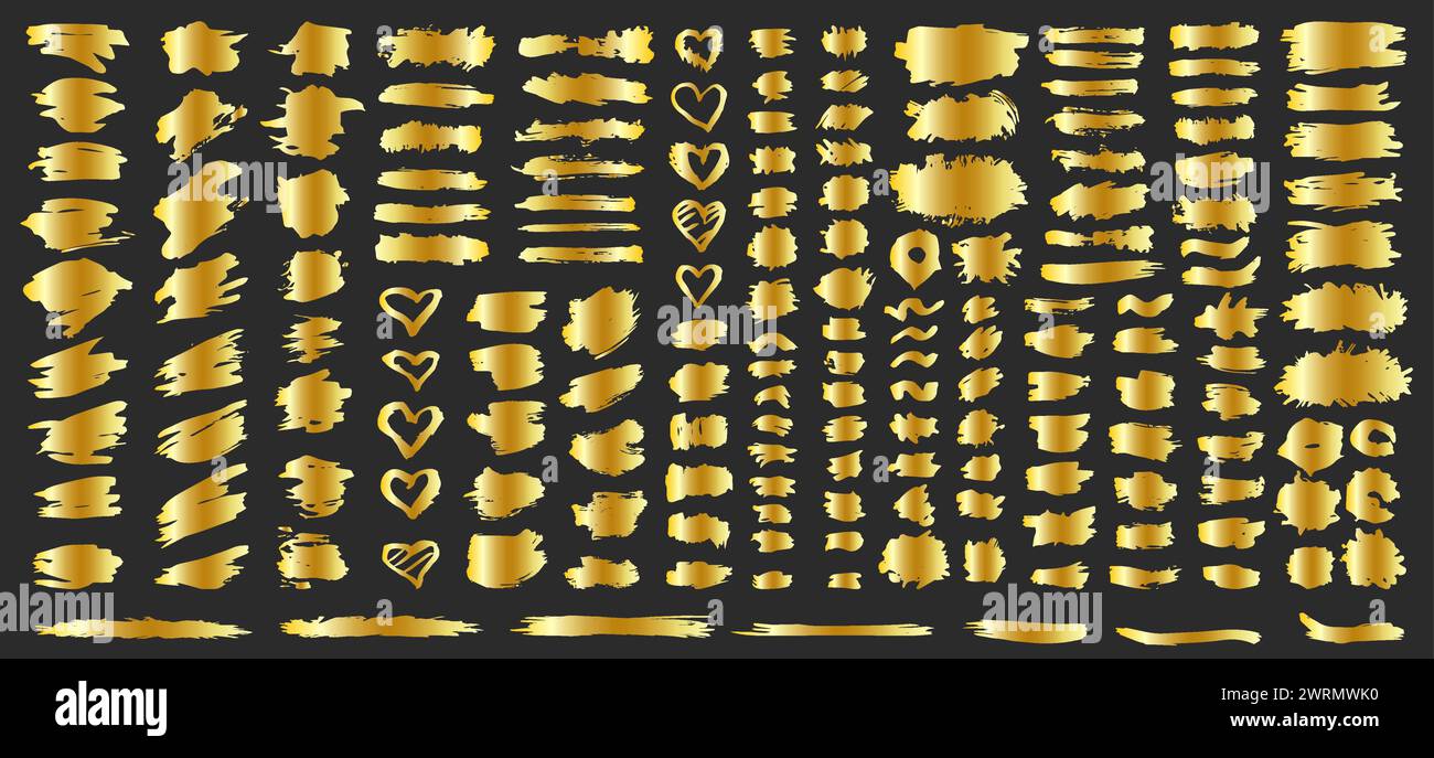 Big set of golden vector textured brush splashes. Detailed rough luxury ...