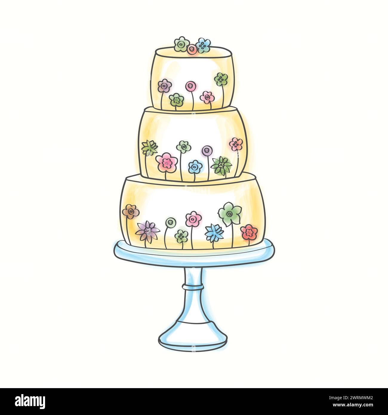 A decorated three-layer cake with colorful flowers showcasing intricate ...