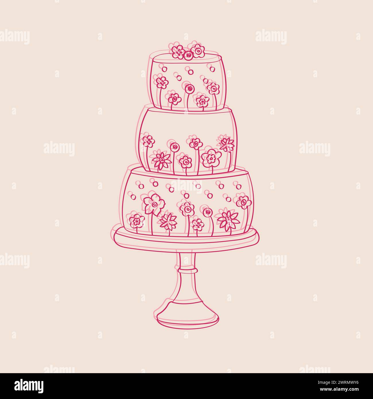 This drawing depicts a three-tiered cake adorned with delicate flowers ...