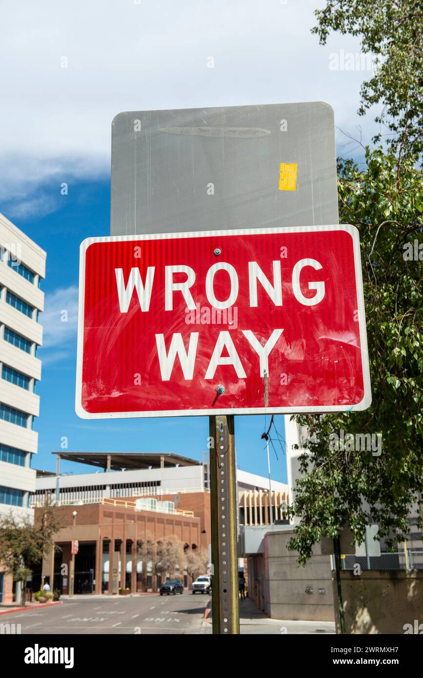 Red and White traffic sign - "Wrong Way" seen in Tucson AZ Stock Photo ...