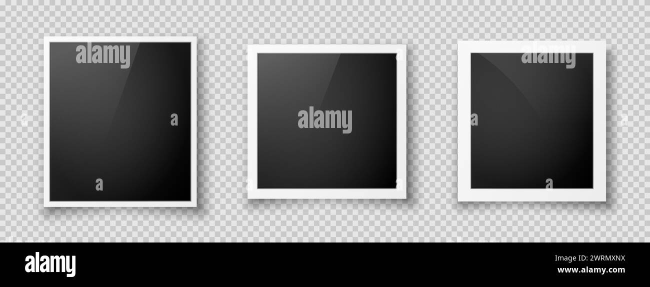 A set of realistic Polaroid photo frame layouts with glare on a gray ...