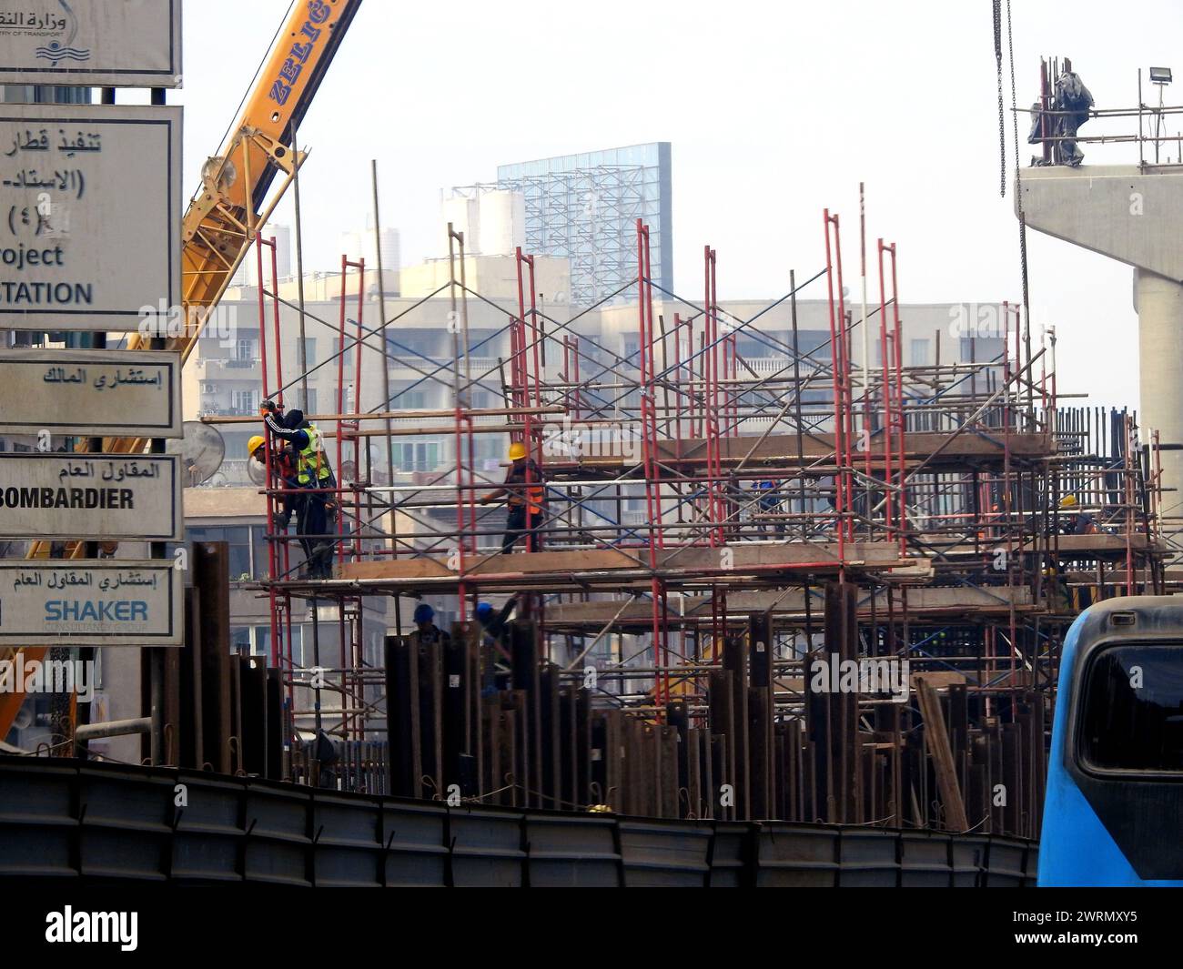 Cairo, Egypt, January 7 2023: Egypt monorail columns and tracks under construction of steel and ...