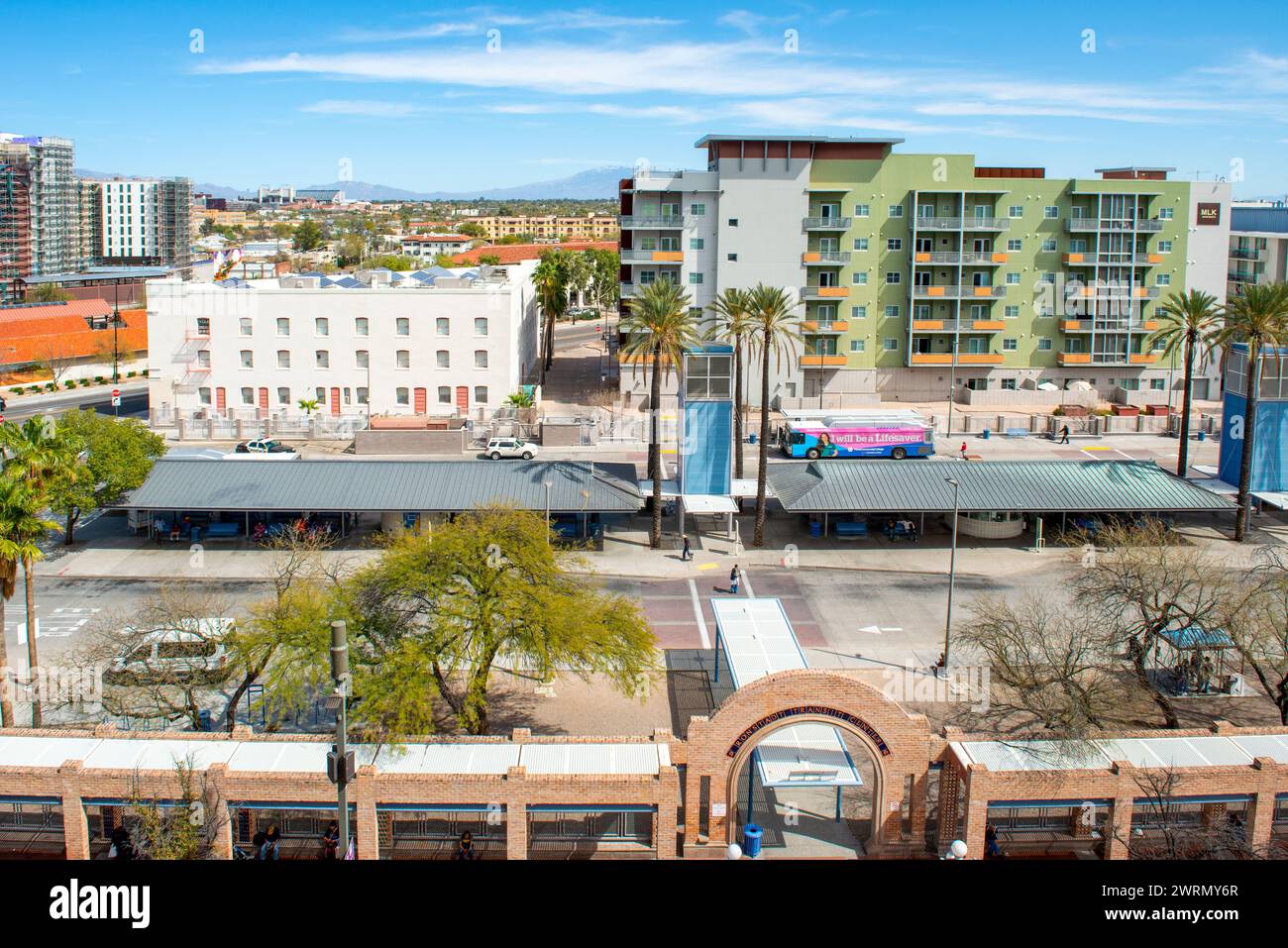 Aerial view of the area around the Linda Ronstadt bus station in ...