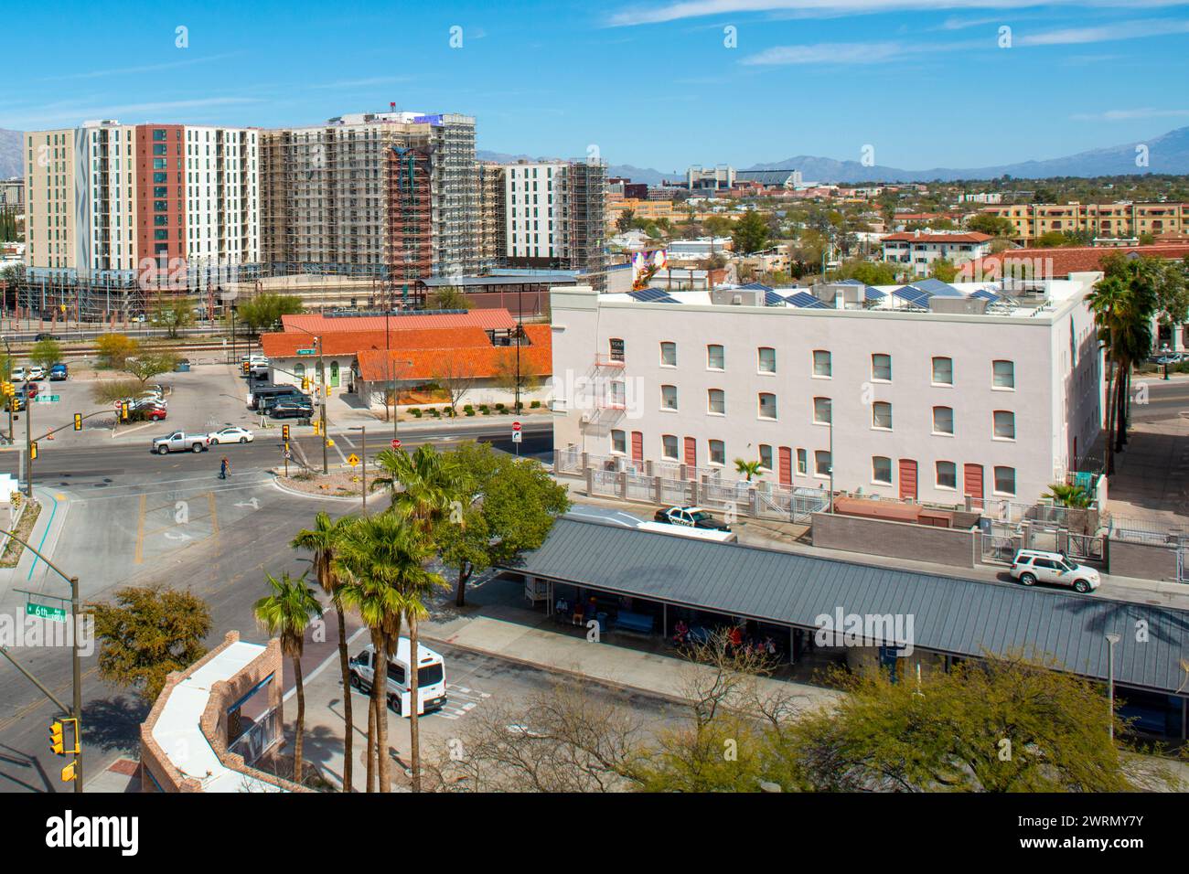Aerial view of the AMTRAK Railways station and apartments in downtown ...