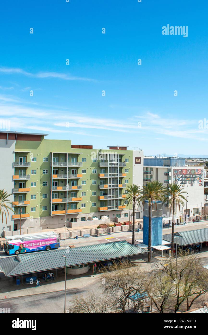 Aerial view of the area around the Linda Ronstadt bus station in ...