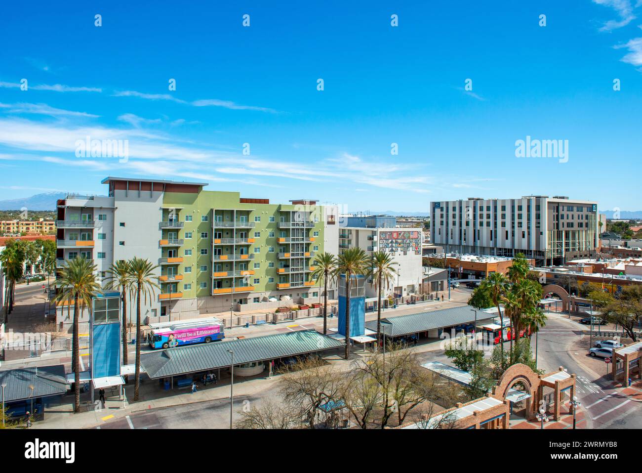 Aerial view of the area around the Linda Ronstadt bus station in ...